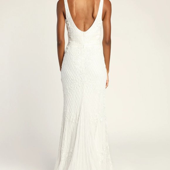 Lulus | Dresses | Lulus Simple Romance White Beaded Sequin Mermaid Maxi ...